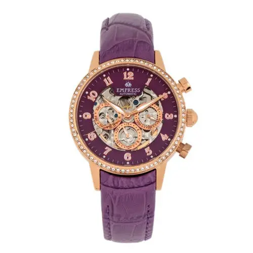 EMPRESS Beatrice Automatic Skeleton Dial Leather-band Watch With Day & Date - Purple