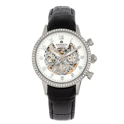 EMPRESS Beatrice Automatic Skeleton Dial Leather-band Watch With Day & Date - White