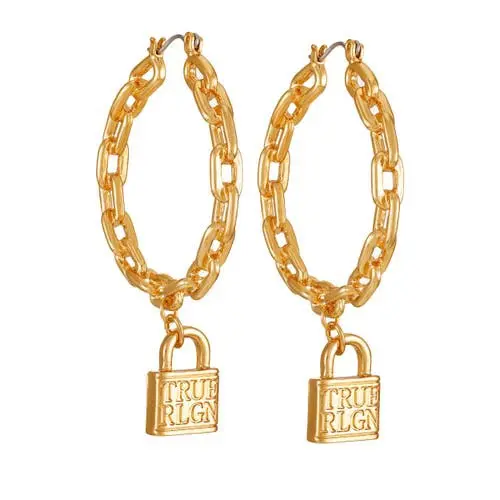 True Religion Chain Hoop Earrings With Padlock Charm - Goldtone