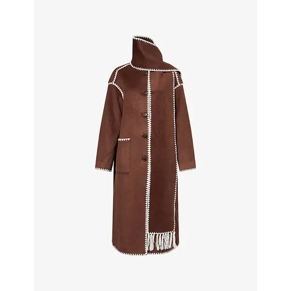 4TH & RECKLESS Contrast-stitch Wool-blend Longline Coat With Tassel Scarf