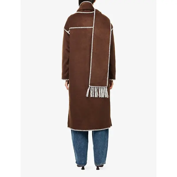 4TH & RECKLESS Contrast-stitch Wool-blend Longline Coat With Tassel Scarf