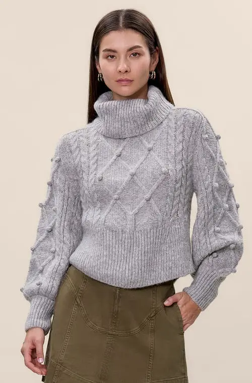 Rebecca Taylor Petra Turtleneck Bobble Cable-stitch Sweater - Light Grey