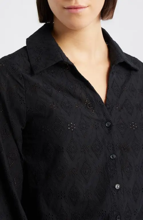 Bobeau Embroidered Eyelet Cotton Button-up Shirt