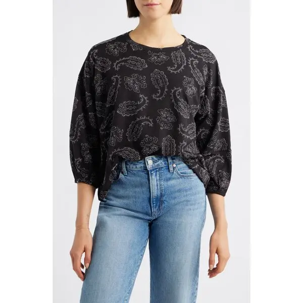 Bobeau Embroidered Puff Sleeve Top