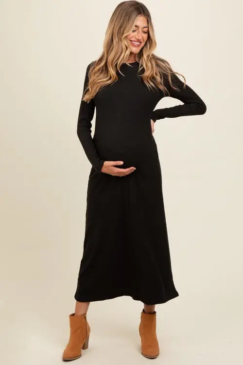 PINKBLUSH Ribbed Knit Side Slit Midi Dress - Black