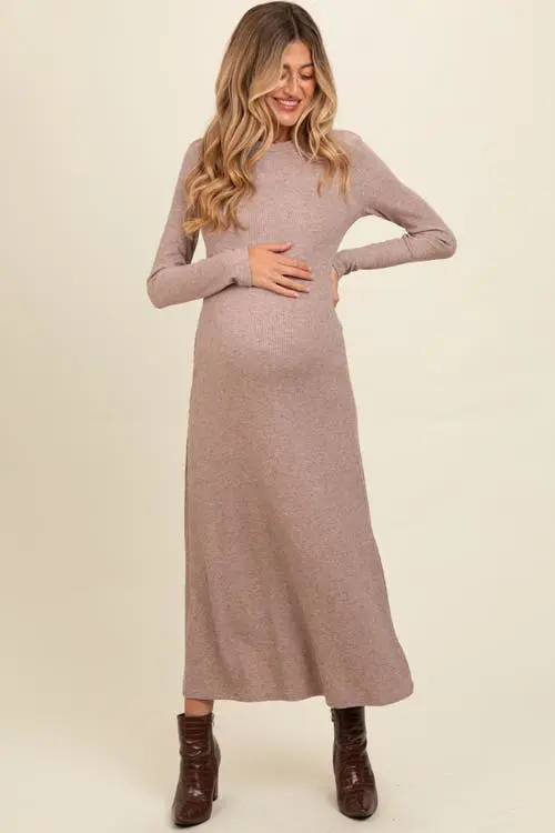 PINKBLUSH Ribbed Knit Side Slit Midi Dress - Mocha