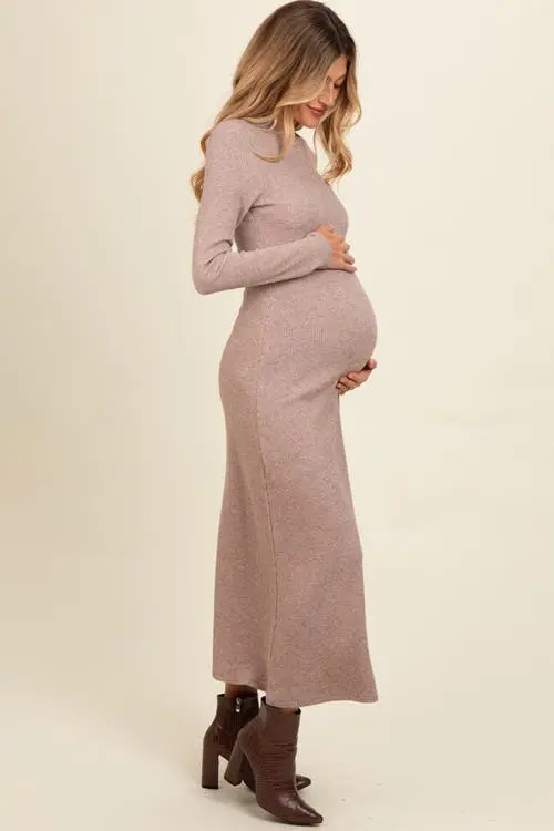 PINKBLUSH Ribbed Knit Side Slit Midi Dress - Mocha