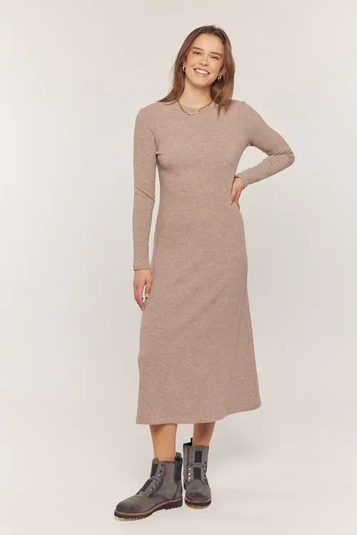 PINKBLUSH Ribbed Knit Side Slit Midi Dress - Mocha
