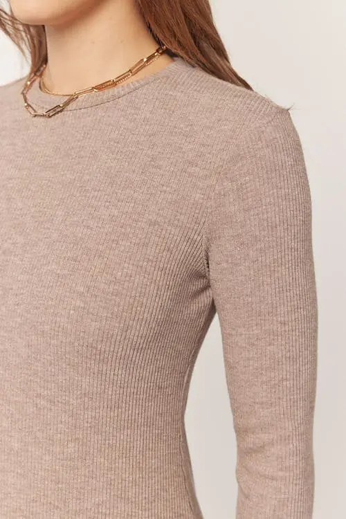 PINKBLUSH Ribbed Knit Side Slit Midi Dress - Mocha