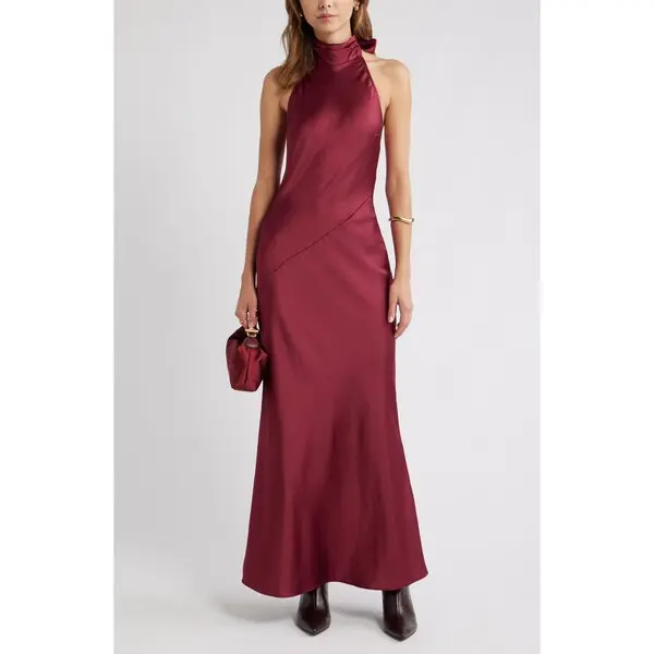 OPEN EDIT Sleeveless Satin Halter Maxi Dress - Burgundy Beet