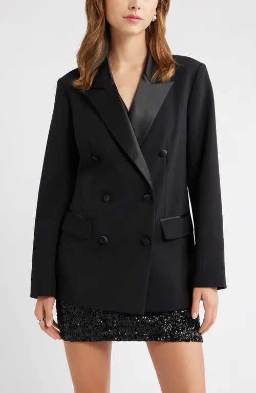 OPEN EDIT Double Breasted Blazer With Satin Trim