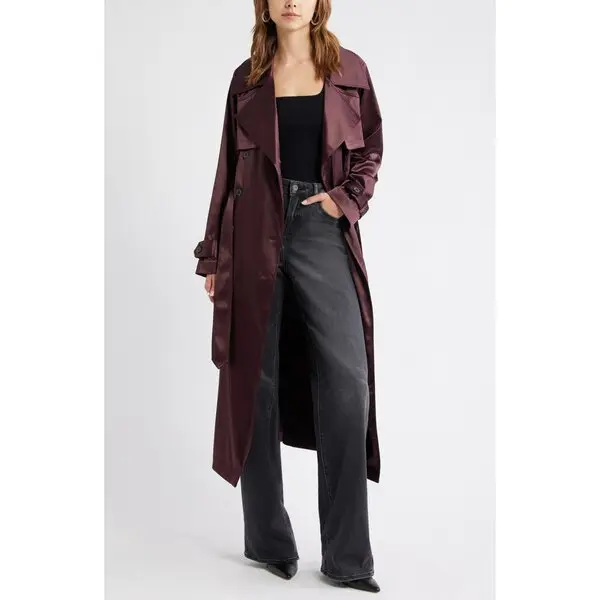 OPEN EDIT Belted Satin Trench Jacket - Burgundy Fudge