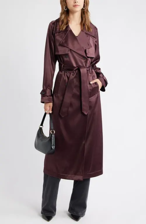 OPEN EDIT Belted Satin Trench Jacket - Burgundy Fudge