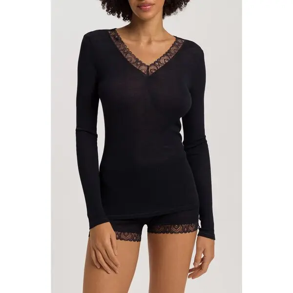 Hanro Lace Trim Merino Wool & Silk Rib Sleep Top - Black