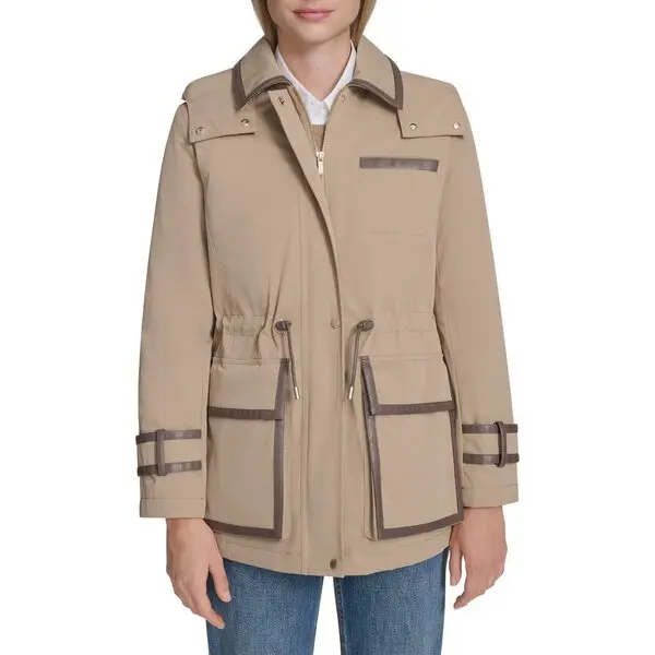 Cole Haan Hooded Water Resistant Insulated Raincoat - Sand