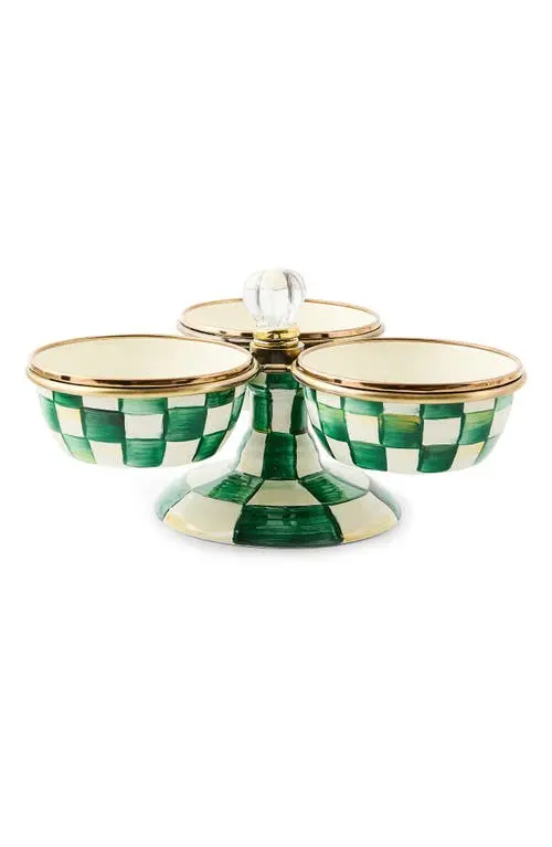 MACKENZIE-CHILDS Check Enameled Steel Triplicity Bowls & Stand Set - Emerald