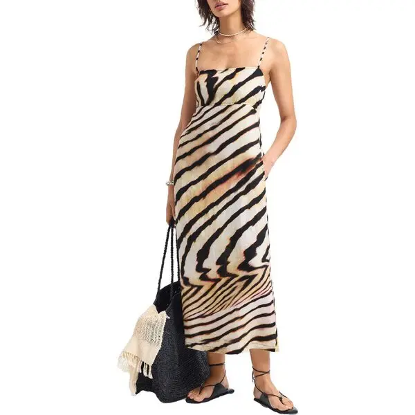 VITAMIN A® Arden Printed Linen Cover-up Sundress - Shell Stripe