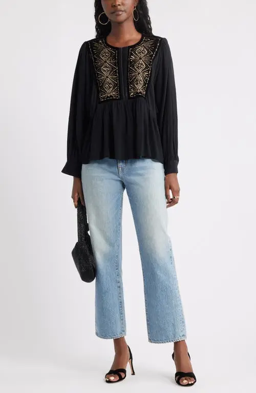 Treasure & Bond Metallic Embroidered Split Neck Top