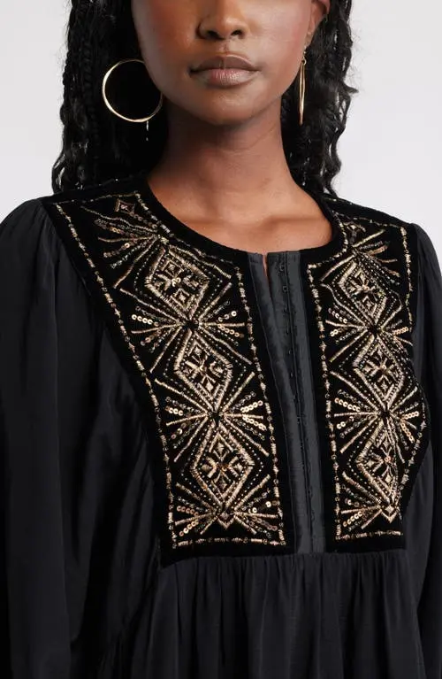Treasure & Bond Metallic Embroidered Split Neck Top