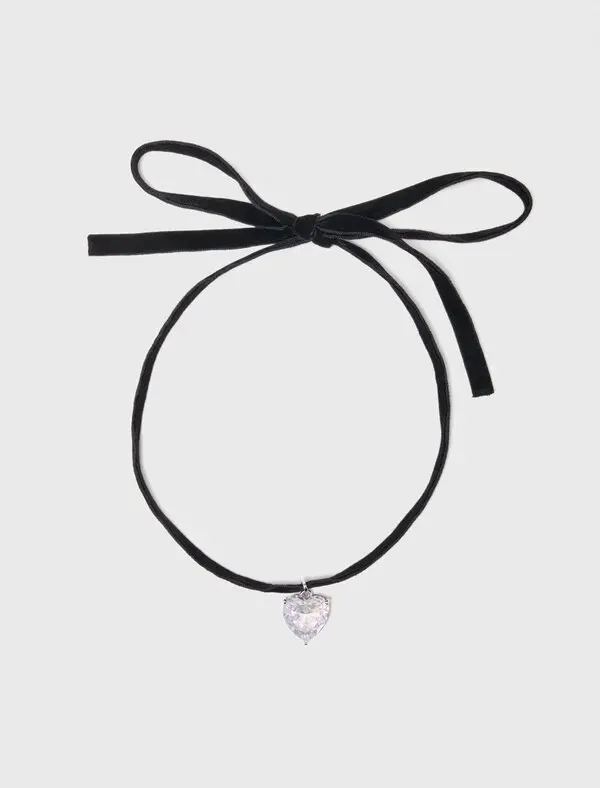 Maje Zirconium Heart Pendant Velvet Cord Necklace - Black