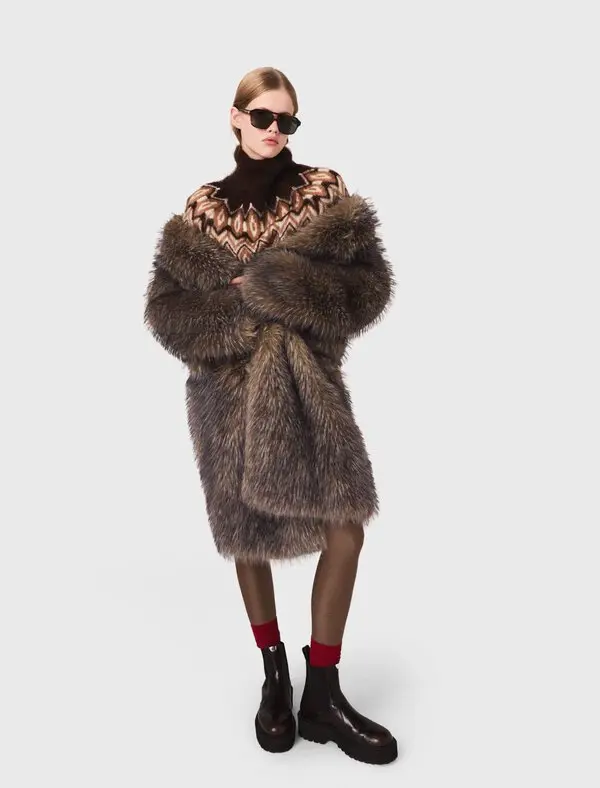 Maje Long Faux Fur Coat - Grey