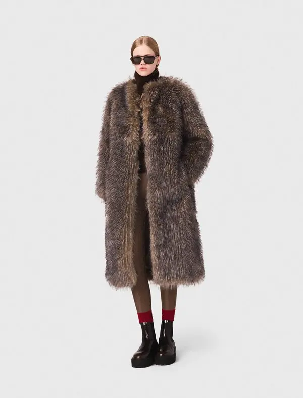 Maje Long Faux Fur Coat - Grey
