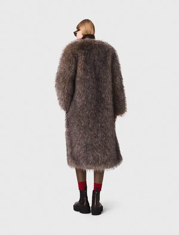 Maje Long Faux Fur Coat - Grey