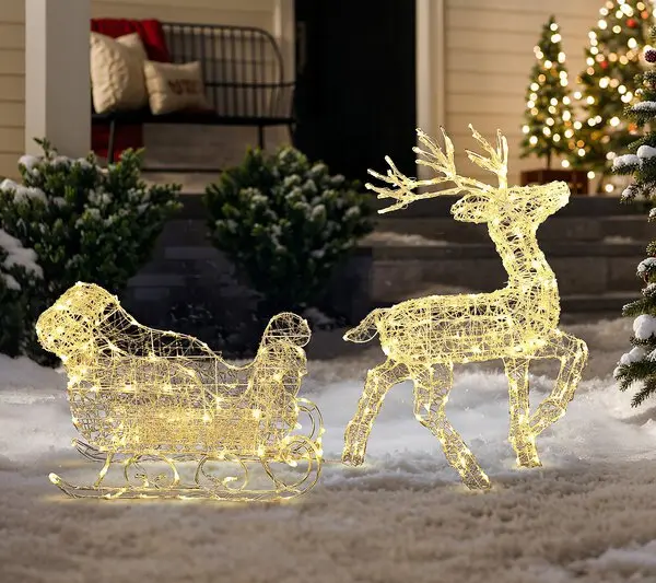 LUXEN HOME Luxenhome Lighted Reindeer And Sleigh Xmas Deco Ration W/ Time - One-color