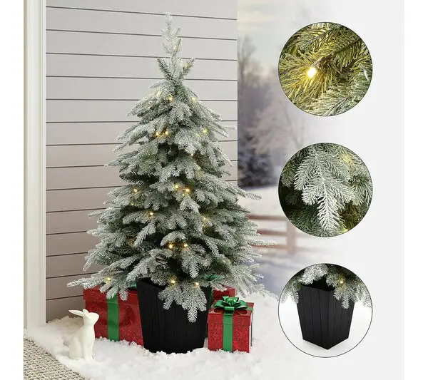 LUXEN HOME Luxenhome 4.4ft Pre-lit Flocked Artificial Xmas Tree Potted - One-color