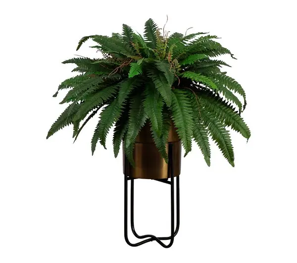 NEARLY NATURAL 35' Artificial Boston Fern In Br Ass Planter - One-color