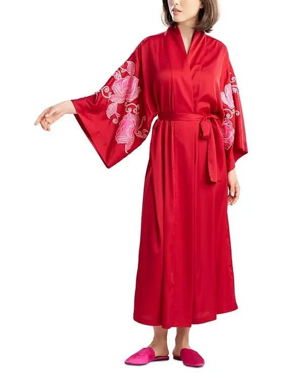 Natori Satin Essentials Kimono Sleeve Wrap Robe - Brocade Red
