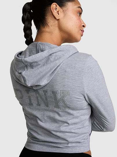 Pink All-day Cotton™ Full-zip Cropped Hoodie With Thumbholes - Grey