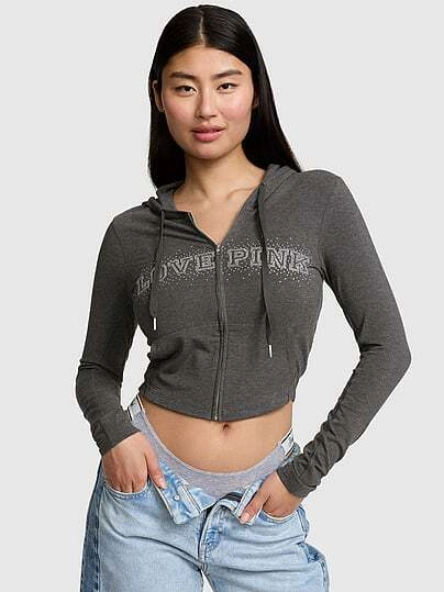 Pink All-day Cotton™ Full-zip Cropped Hoodie With Thumbholes - Grey