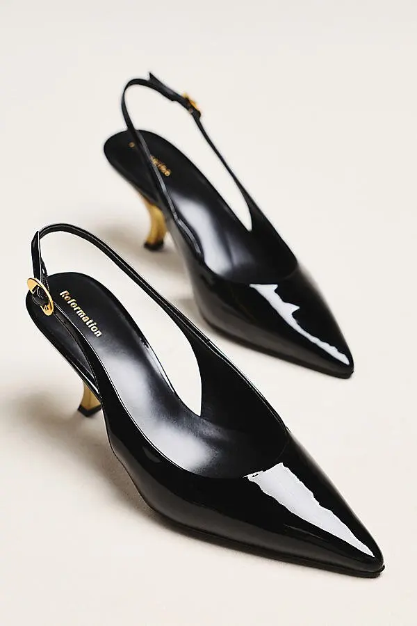 REFORMATION Cassie Slingback Heels - Black Patent