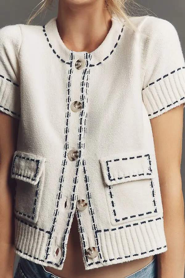 Design History Short-sleeve Stitched Cardigan Sweater - Ivory