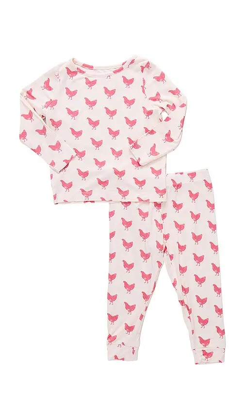 Pink Chicken Bamboo Pj Set In White - Pink Chickens