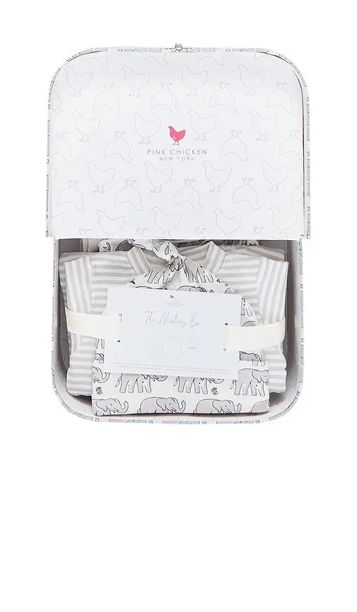Pink Chicken Nesting Box Baby Take Home Set - Elephant Block Print
