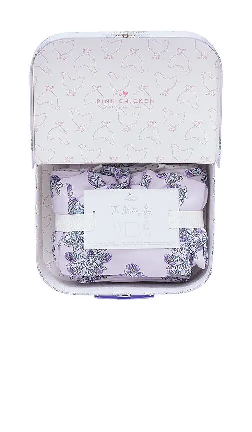 Pink Chicken Nesting Box Baby Take Home Set - Lavender Bouquet Floral Block Print