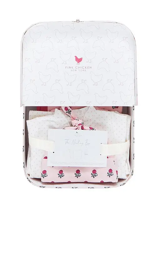 Pink Chicken Nesting Box Baby Take Home Set - Light Pink Tiny Flower Block Print