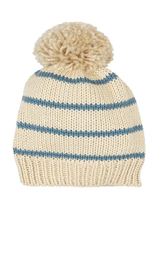 WILD WAWA Knitted Beanie With Pom - Blue & Oat Stripe