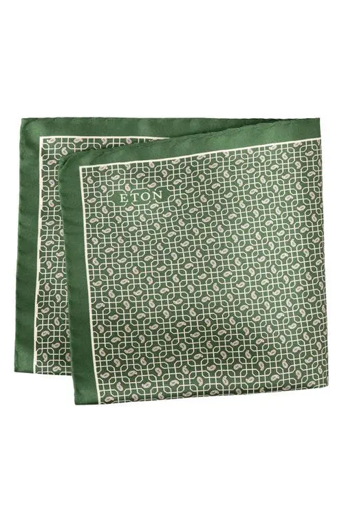 Eton Paisley Petal Grid Silk Pocket Square - Medium Green