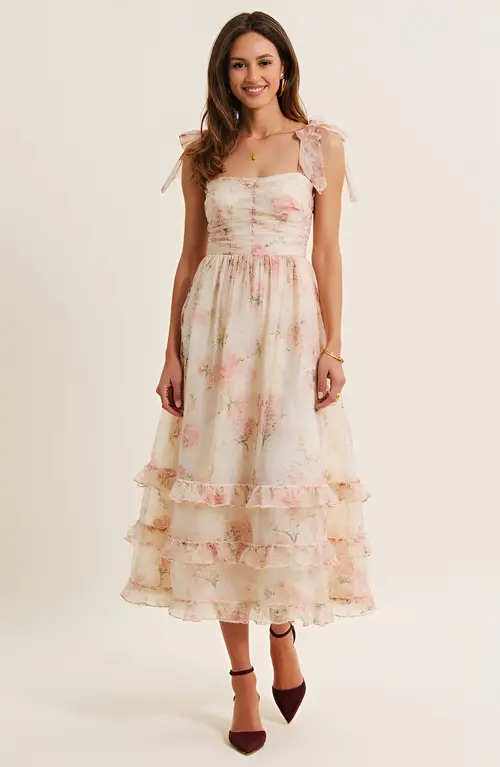 MODENAIRE Tie-shoulder Ruched Bodice Tiered Midi Dress - Floral