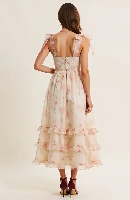 MODENAIRE Tie-shoulder Ruched Bodice Tiered Midi Dress