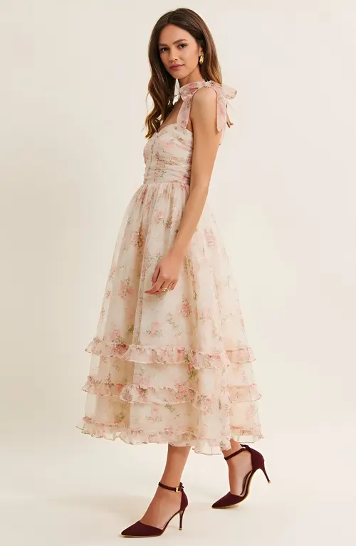 MODENAIRE Tie-shoulder Ruched Bodice Tiered Midi Dress