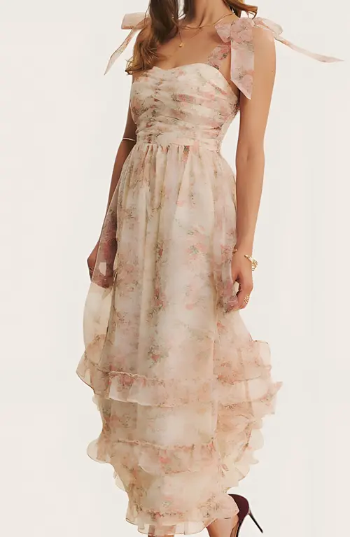 MODENAIRE Tie-shoulder Ruched Bodice Tiered Midi Dress