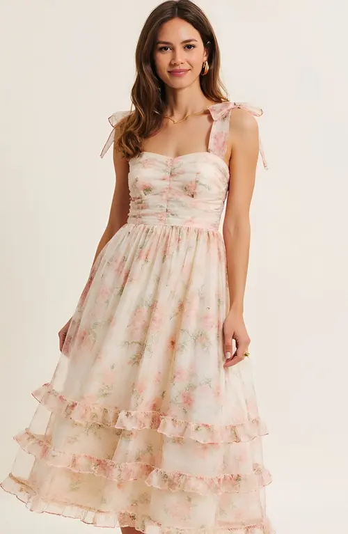 MODENAIRE Tie-shoulder Ruched Bodice Tiered Midi Dress