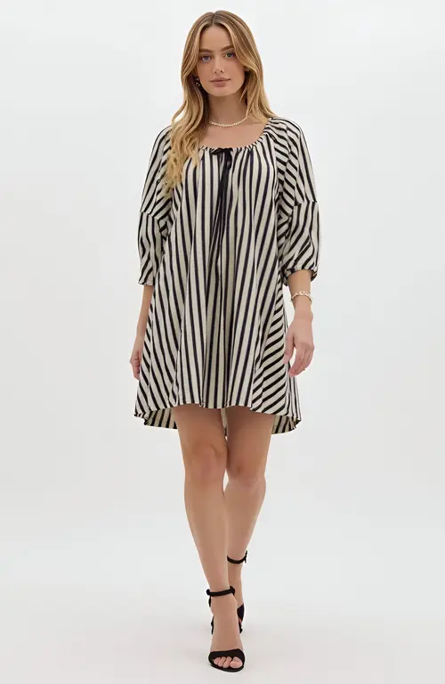 MODENAIRE Striped Mini Dress With Tie Neckline - Black/white Striped