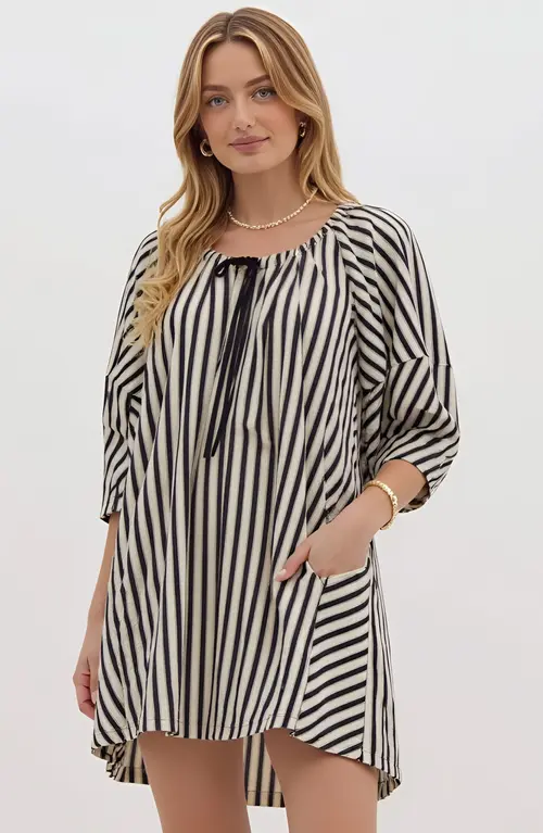 MODENAIRE Striped Mini Dress With Tie Neckline