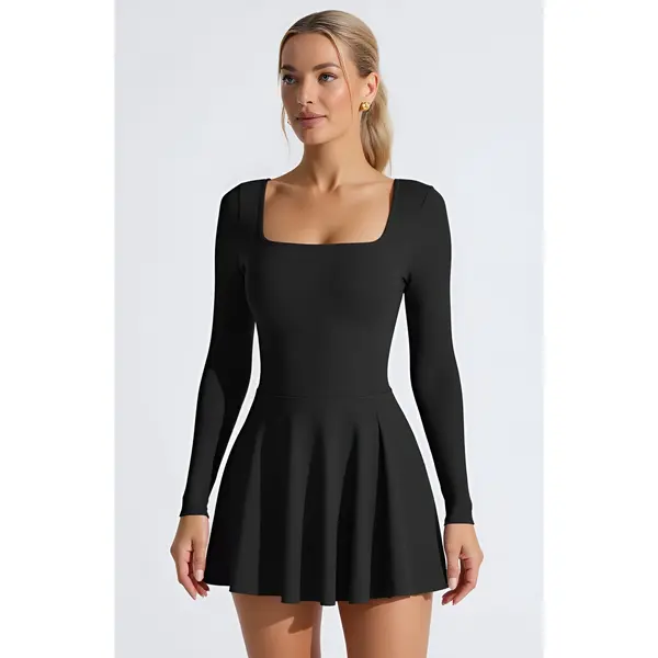 MODENAIRE Long-sleeve Romper Dress With Crisscross Back - Black