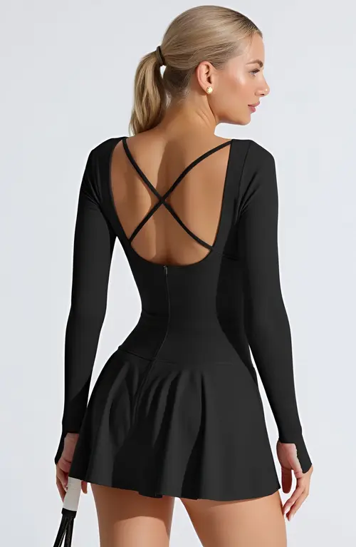 MODENAIRE Long-sleeve Romper Dress With Crisscross Back